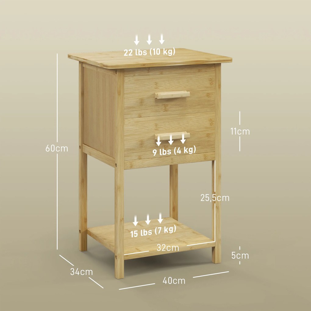 HOMCOM Sada nočních stolků 2 kusy, noční stolek s šuplíkem, policí, úchytkou, do ložnice, obývacího pokoje, přírodní, 40 x 34 x 60 cm