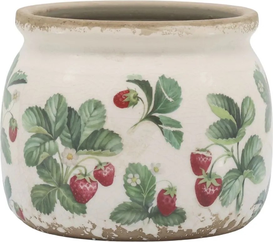 Krémový antik keramický obal na květináč s jahůdkami Fraises - Ø 12*9 cm