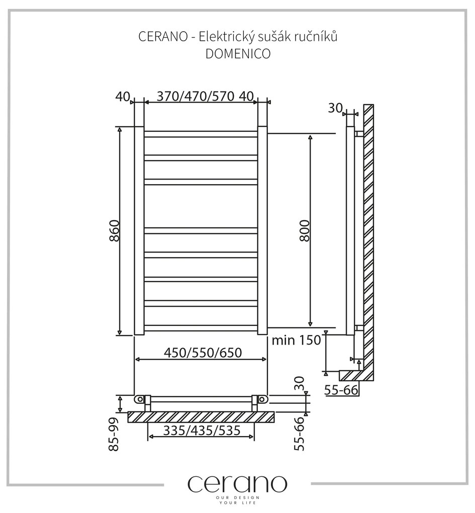 CERANO - Elektrický sušák ručníků Domenico - bílá lesklá  - 860x550 mm