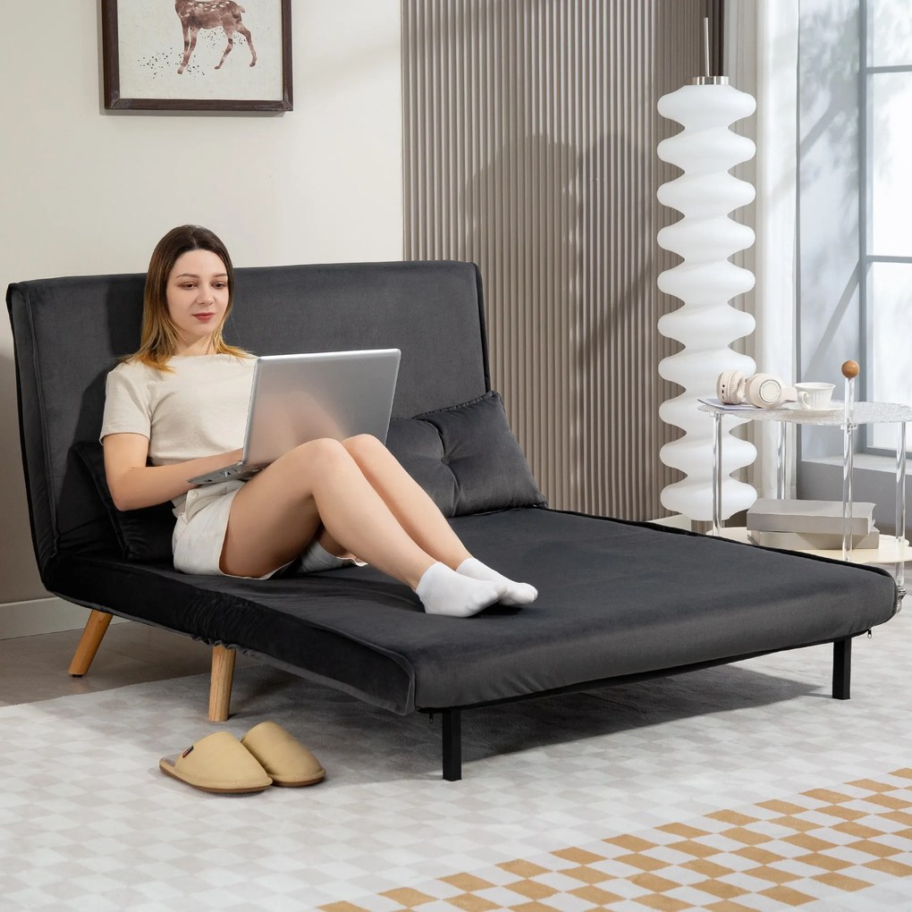 HOMCOM 2místná rozkládací pohovka, postelové sofa, pohovka konvertovatelná na postel, nastavitelná opěrka zad, látkový potah, kovový rám, šedá