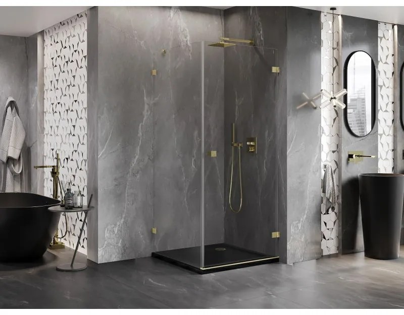Mexen Lunar-B, pravostranný výklopný sprchový kout 70 x 70 cm, 8mm čiré sklo, zlatý kartáčovaný - 832-070-070-55-00-P