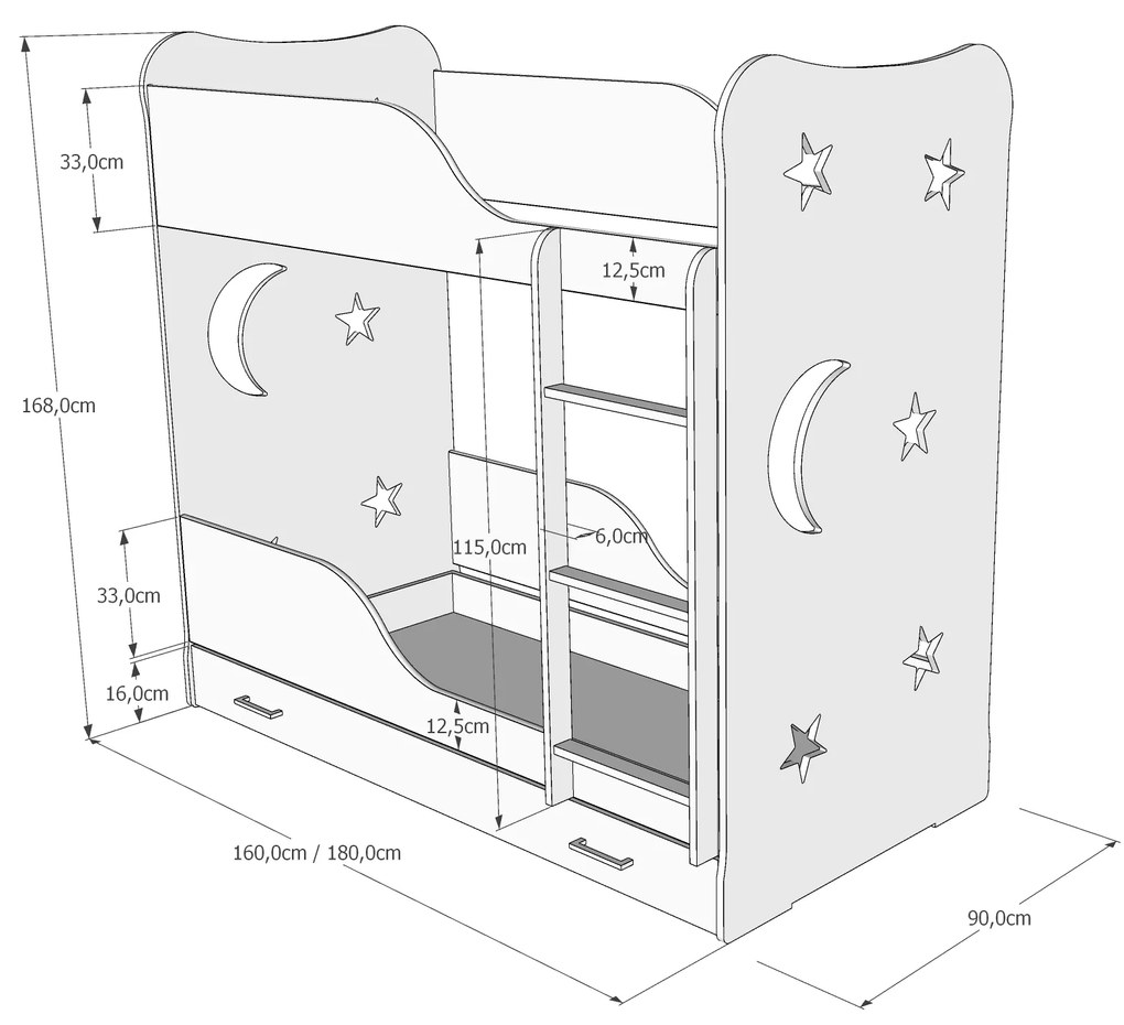 BabyBeds Dětská patrová postel STARS 180x80 Barevné provedení: Šedá, Úložný prostor: Ne, bez úložného prostoru