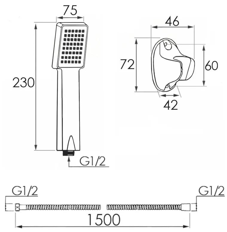 Ruční sprchová hlavice BAO s držákem a 150 cm hadicí - černá matná