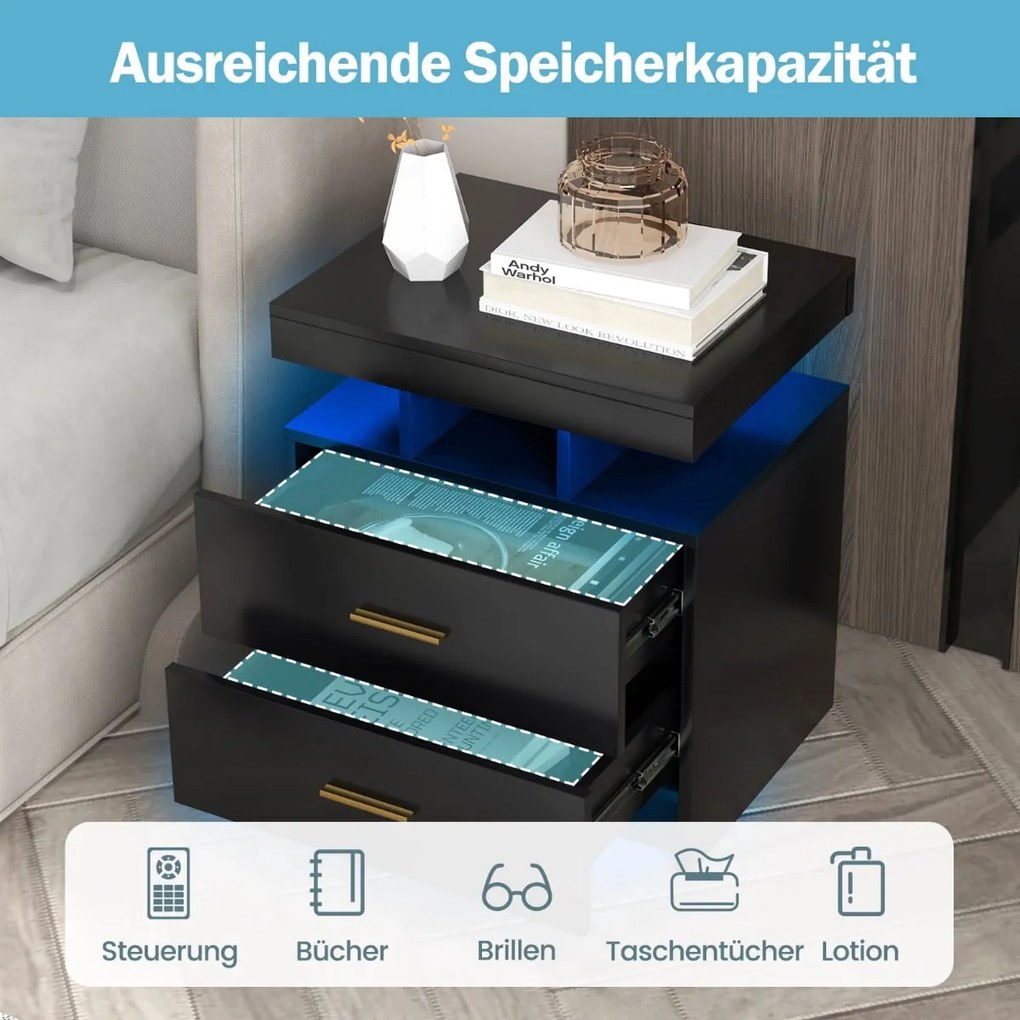 Costway Noční stolek s LED osvětlením s 2 zásuvkami – 50 × 40 × 58 cm, černý