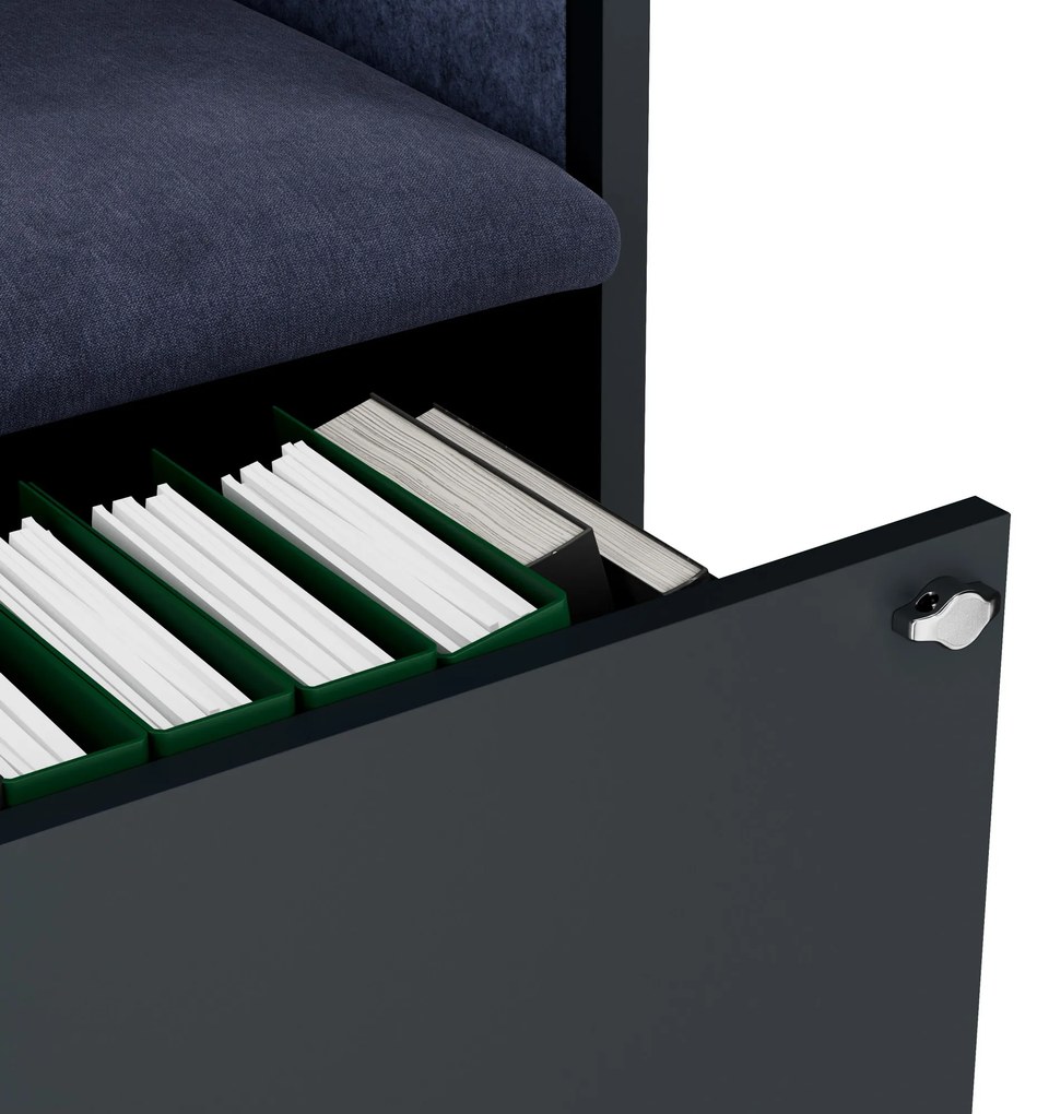 Kancelářská akustická kabina se sedátkem a USB-C portem, korpus antracitový / sedák námořnická modrá, 1150 mm: SALLY MentalBox