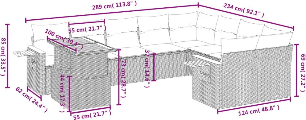 10dílná zahradní sedací souprava s poduškami černá polyratan 3273681