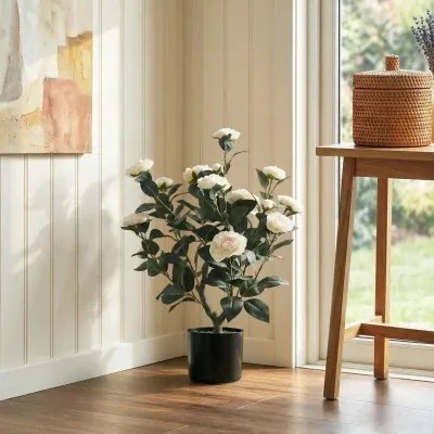 HOMCOM Umělá kamélie 65 cm, umělý strom v květináči s realistickými hedvábnými květy, 116 listů, efekt mechu, bílá