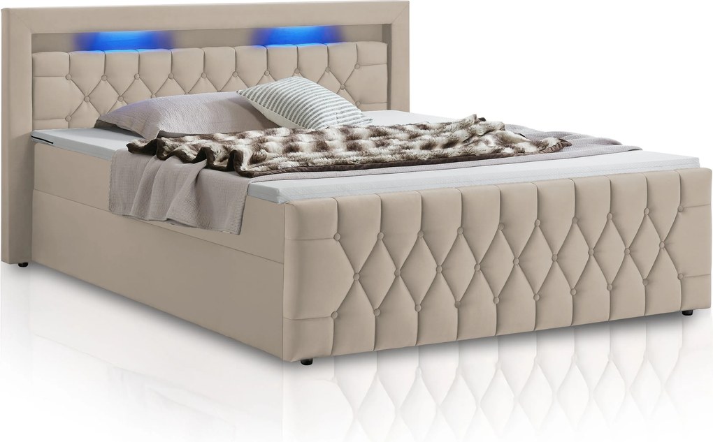 Juskys Postel boxspring Leona se sametovým potahem Barva: béžová, Velikost: 140 cm