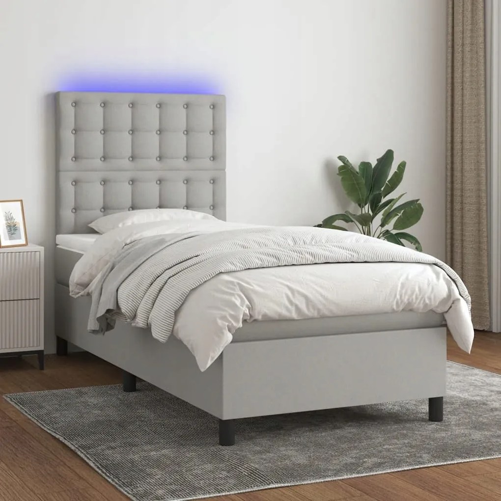 Box Spring Postel S Matrací A Led Textil Světle Šedá tlačítka 100 x 200 c