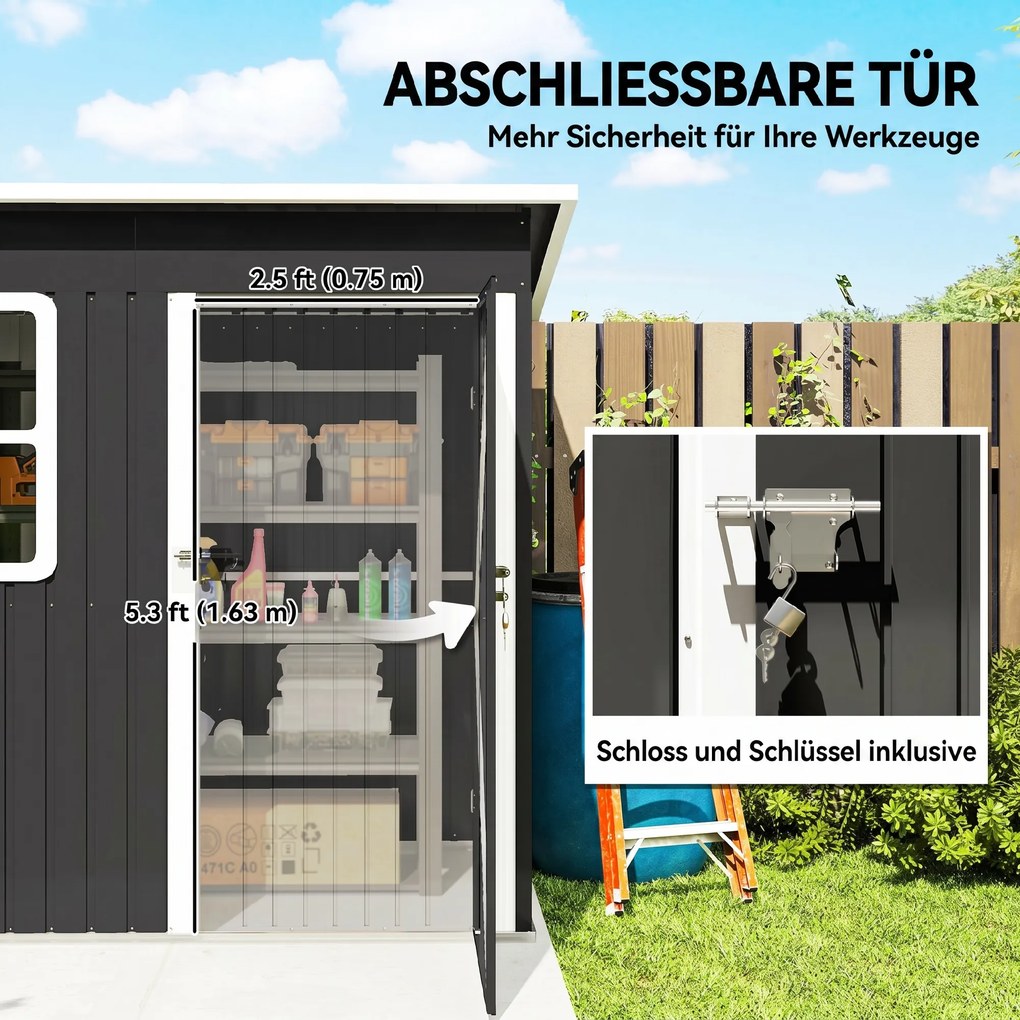 Zahradní Kůlna Outsunny 2,55m², Kůlna s Pultovou Střechou, 221 x 133 x 190/173 cm, Nářaďová Kůlna s Zamykatelnými Dveřmi, Okno, Garáž na Kolo, Ocelov…
