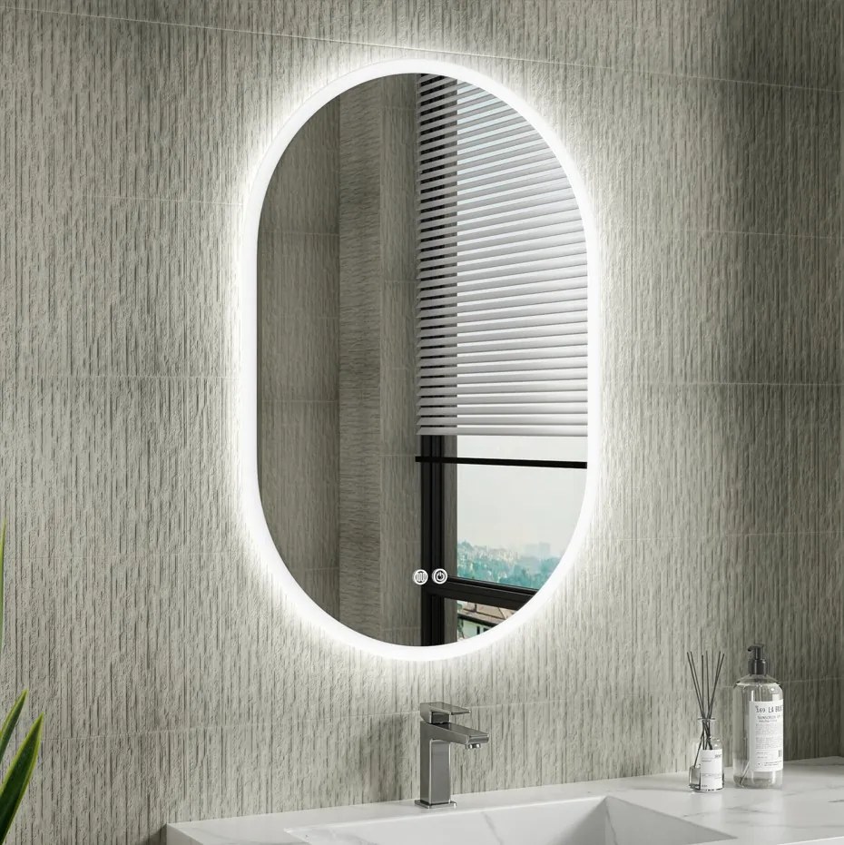 Erga Demi, oválné LED zrcadlo 60x90cm, 3 barvy světla, přední osvětlení, topná podložka proti zapaření, ERG-V01-Demi-6090-CL