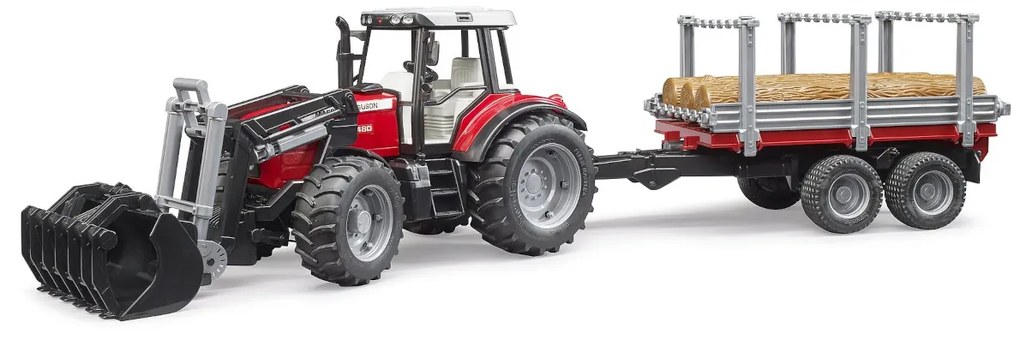 Bruder Traktor Massey Ferguson 7480 s čelním nakladačem a přepravníkem klád