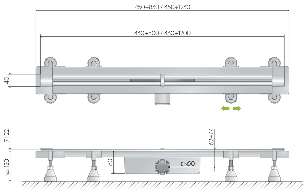 Omp Tea Sumisura podlahový žlab s nerezovým roštem 123 cm DN50 983.401.8