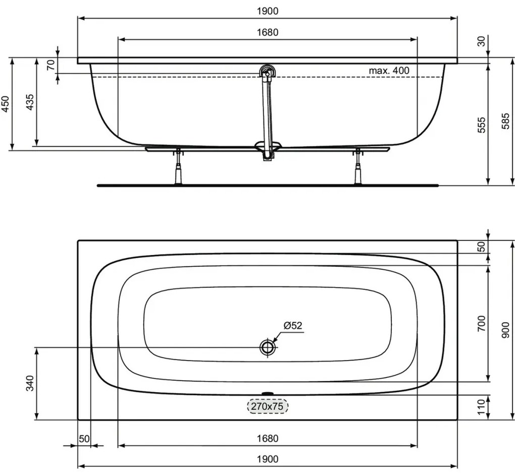 Ideal Standard i.life - Obdélníková vana DUO 190x90 cm, bílá T476501