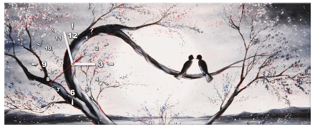 Gario Obraz s hodinami Ptačí láska na větvi Rozměry: 100 x 40 cm