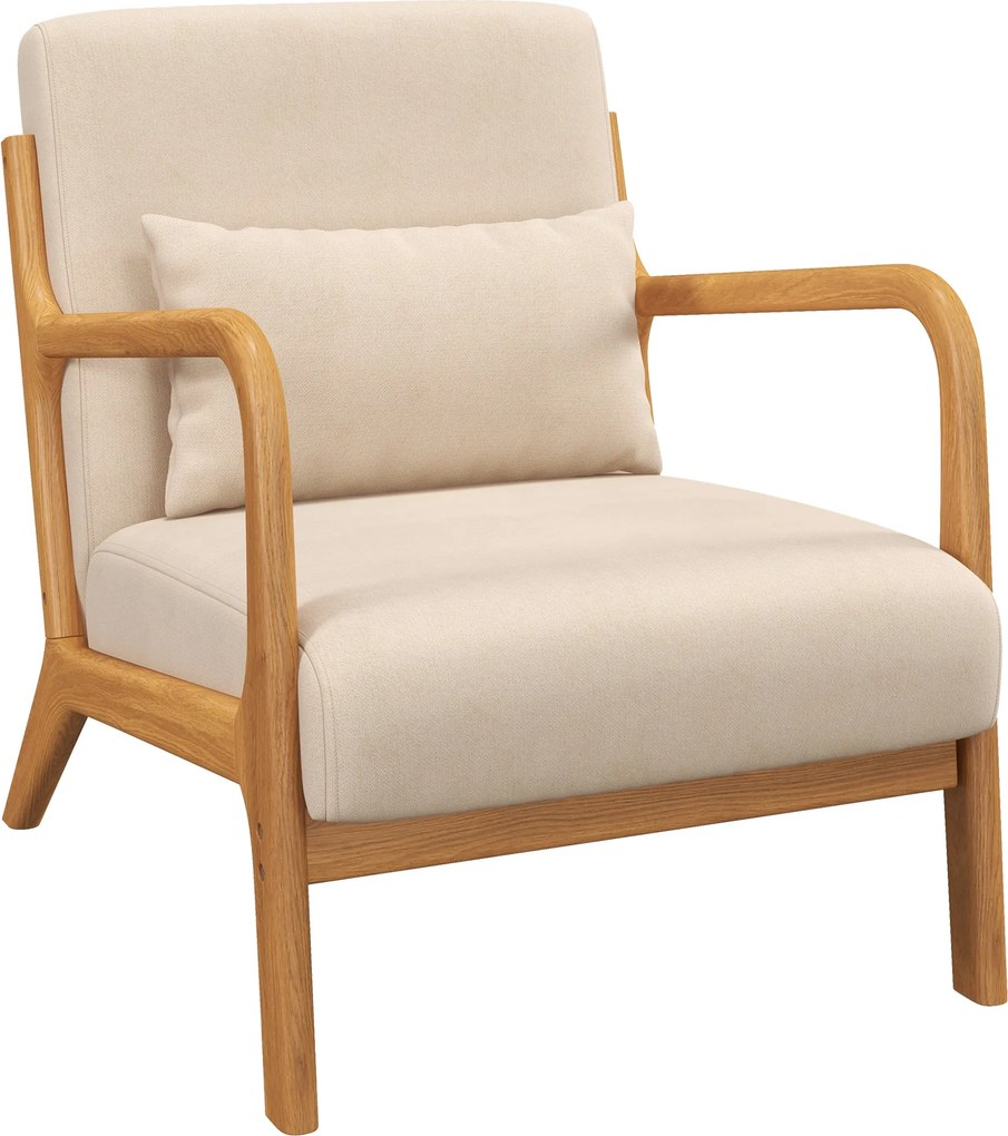 HOMCOM Lounge Křeslo Nordic Styl s Područky a Polštem, Rám z Gumového Dřeva pro Obývací Pokoj, Nosnost 120 kg, 61x78x76 cm, Béžové