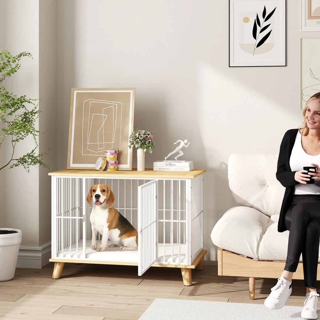 PawHut klec pro psa, uzamykatelná bouda pro psa s polštářem, box pro psa s dvířky, bouda pro středně velké psy do 15 kg, dub, 86 x 60 x 70 cm | Aosom