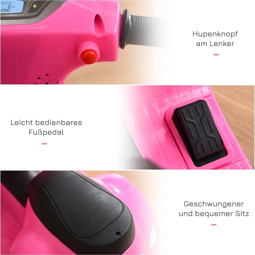 HOMCOM Elektrická Vespa Motorka pro Děti 18-36 Měsíců, 6V Baterie, S Hlavním Světlem, Klaksonem a 4 Koly, Dětská Motorka s Licencí 66.5x38x52 cm Růžo…