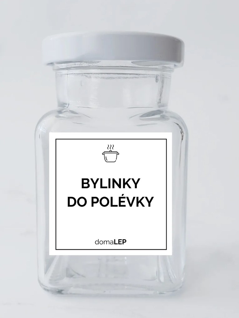 Samolepka na kořenky BYLINKY DO POLÉVKY bílá 5 × 5 cm tučné písmo