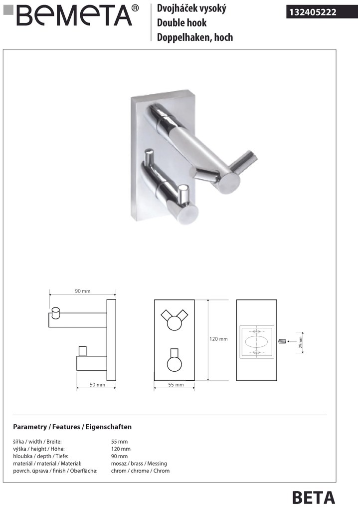 Bemeta Design BETA: Věšák, se 2 háčky -