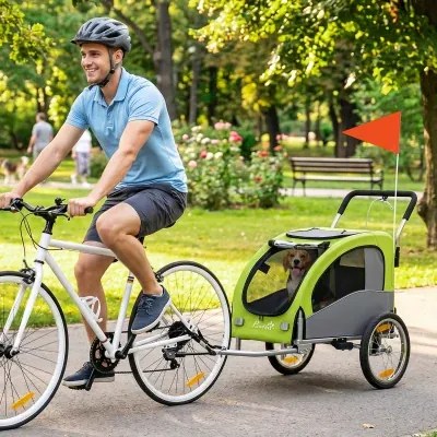 PawHut 2v1 cyklovozík a kočárek pro psy a kočky, skládací, odpružení, velká kola, síťovaná okna, ruční brzda, odrazky a vlaječka, zelený — pro středn…