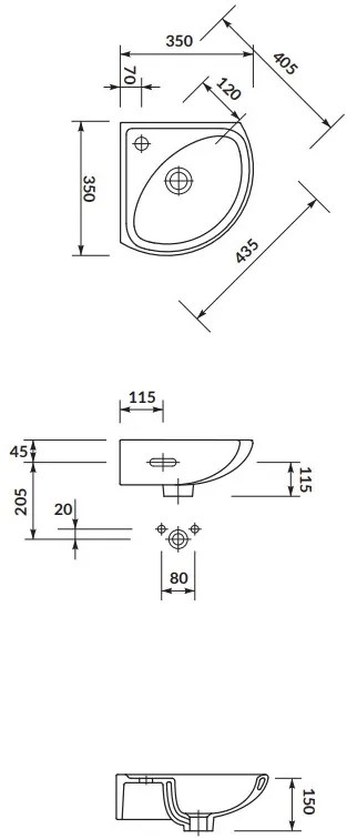 Cersanit Sigma, závěsné rohové umyvadlo 35x35 cm, bílá, K11-0013