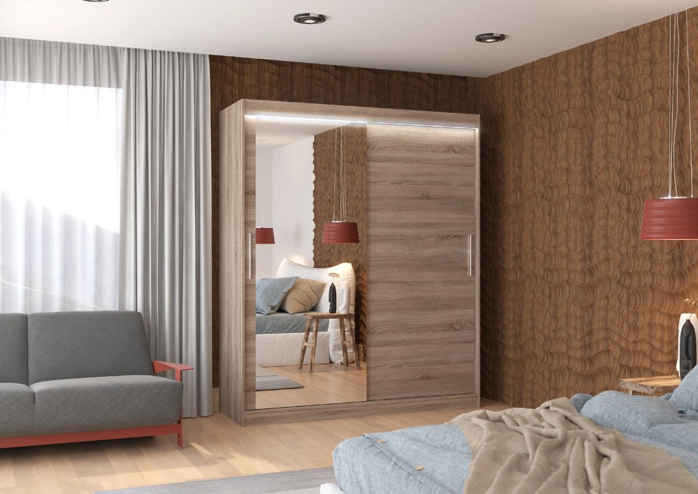 ADRK Furniture Posuvná skříň se zrcadlem a LED osvětlením TOM 180 SW-TOM-T-180+L-V280