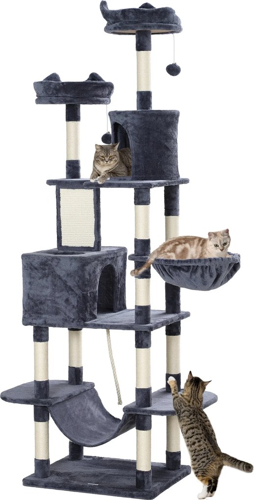 PawHut Velký Škrabací Stojan pro Kočky, Výška 206 cm, Kočičí Strom s Platformami, Jeskyněmi, Visícími Míčky a Hammocky, Tmavě Šedý | Aosom