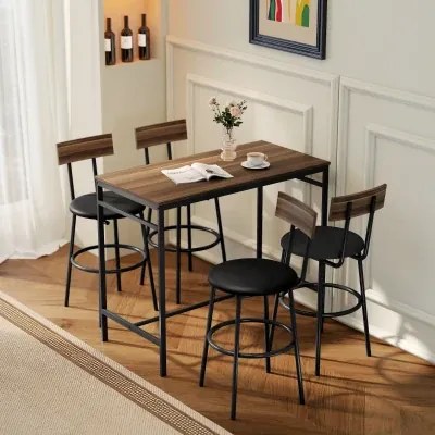 HOMCOM 5dílná sada barového stolu se 4 židlemi, průmyslový design, do kuchyně, jídelny, dřevo, ocel, hnědá