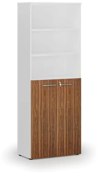 Kombinovaná kancelářská skříň PRIMO WHITE, dveře na 3 patra, 2128 x 800 x 420 mm, bílá/ořech