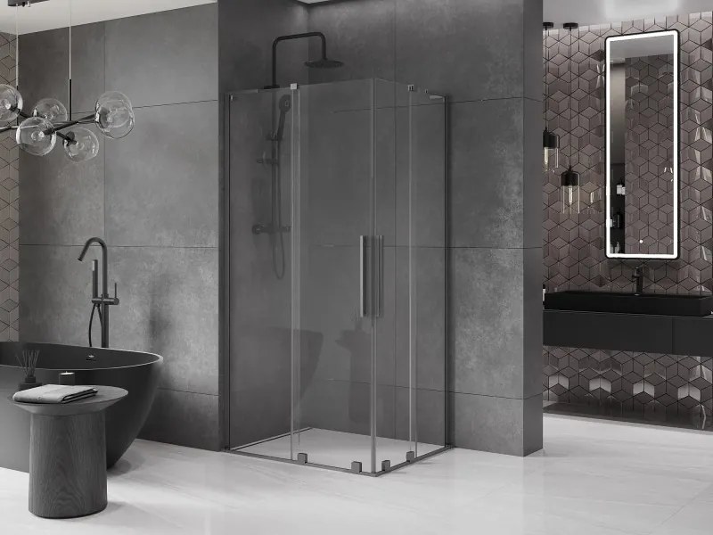 Mexen Velar L Duo, sprchový kout s posuvnými dveřmi 90 x 80 cm, 8mm čiré sklo, grafit broušený, 871-090-080-02-03-66