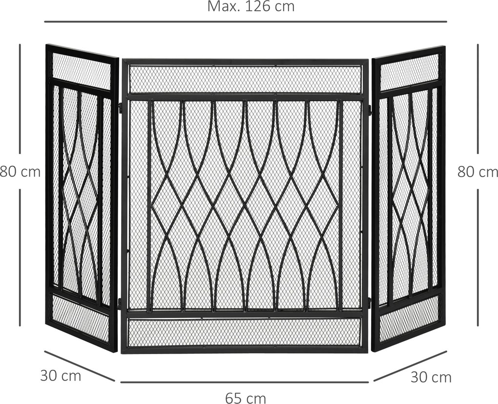 HOMCOM Skládací Ochranná Zástěna Krbu s 3 Panelovým Kloubovým Kovovým Rámem 126x3x80 cm Černá
