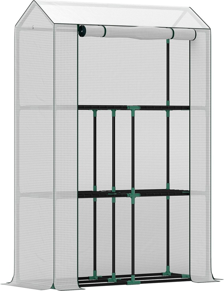 Zelený dům Outsunny se policemi a rolovacími dveřmi, zimní ocelový rám, skleník pro balkon, zahradu, rajčatový skleník s UV ochranou 100x40x150cm, skl