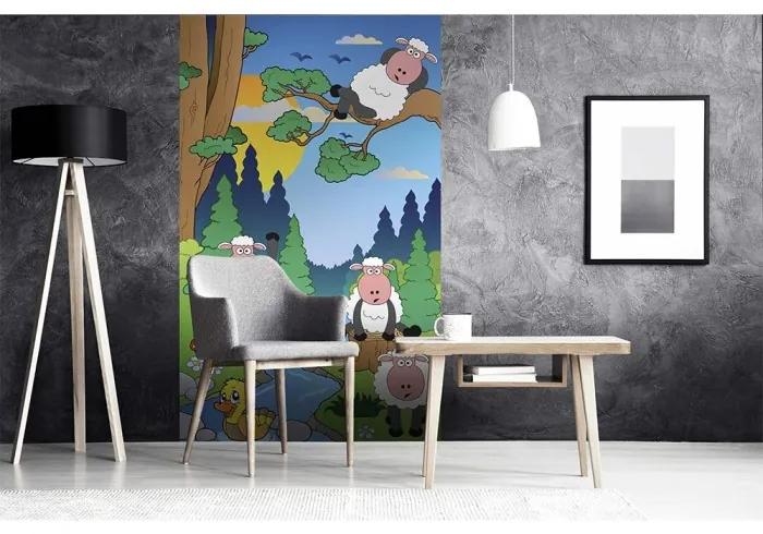 DIMEX | Dětská vliesová fototapeta na zeď Ovečky v lese MS-2-0341  | 150 x 250 cm | zelená, vícebarevná