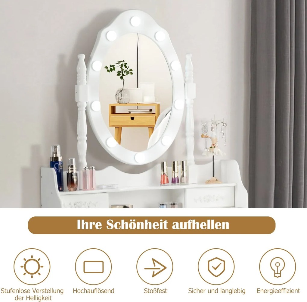 Costway Classic Toaletní stolek Set s LED žárovkami Stolička – 75 × 40 × 146 cm