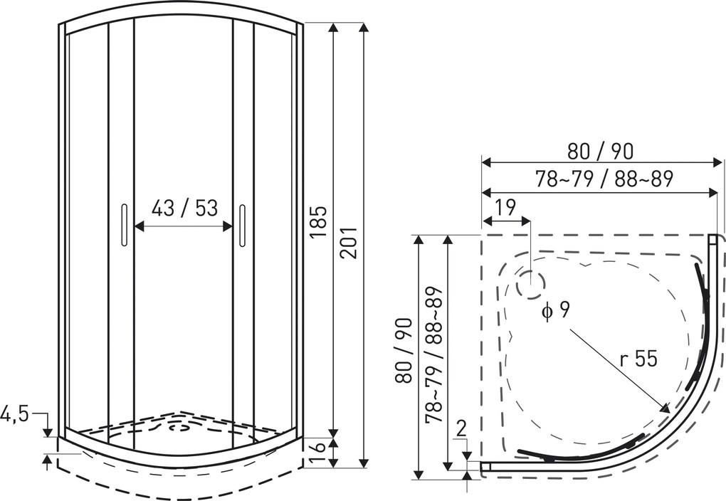 Novoterm Čtvrtkruhový sprchový kout NV-Aruba BL 90 SV, černý/transparent + vanička bílá