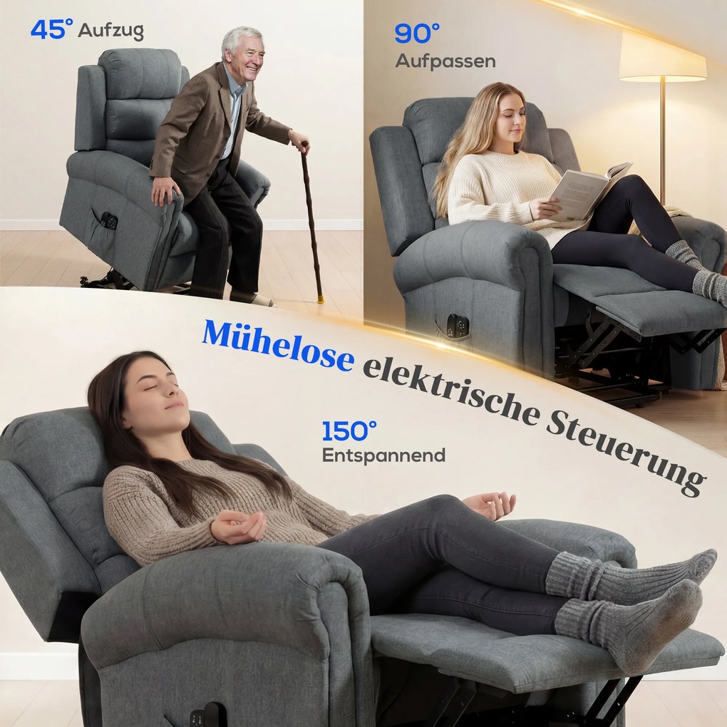 HOMCOM Masážní křeslo s asistencí při vstávání, relaxační křeslo, vibrační hlavy, s polohovací funkcí, vzhled lnu, šedá