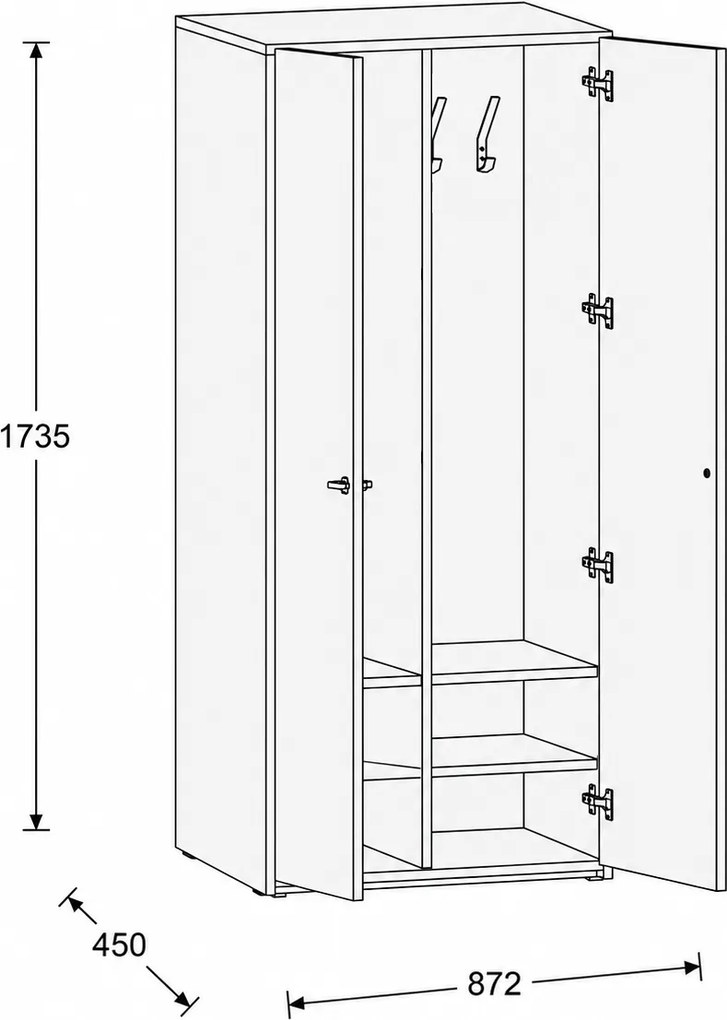 Šatní skříň FRAME, 2 oddíly, 872 x 450 x 1735 mm, PUSH-lock, ořech