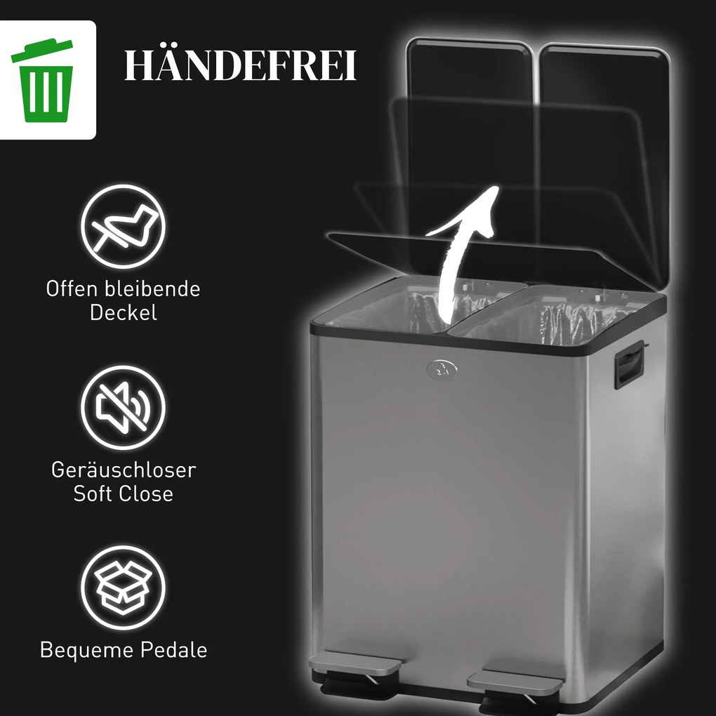 HOMCOM 2 x 20litrové dvojité odpadkové koše, otevírání pomocí pedálu, snadné čištění, nerezová ocel, plast, stříbrná barva