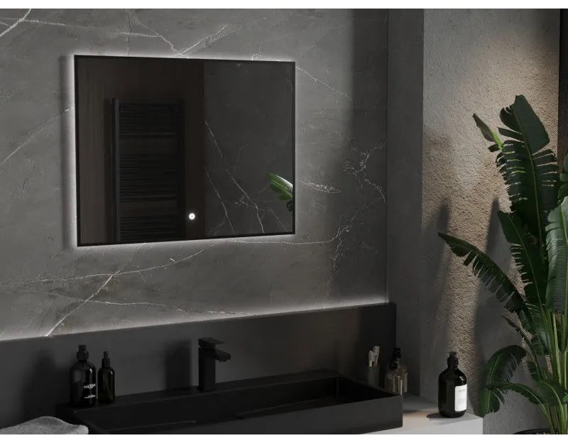 Mexen Erma, LED koupelnové zrcadlo s podsvícením a černým rámem 80x60 cm, 6000K, ochrana proti zamlžování, 9814-080-060-611-70