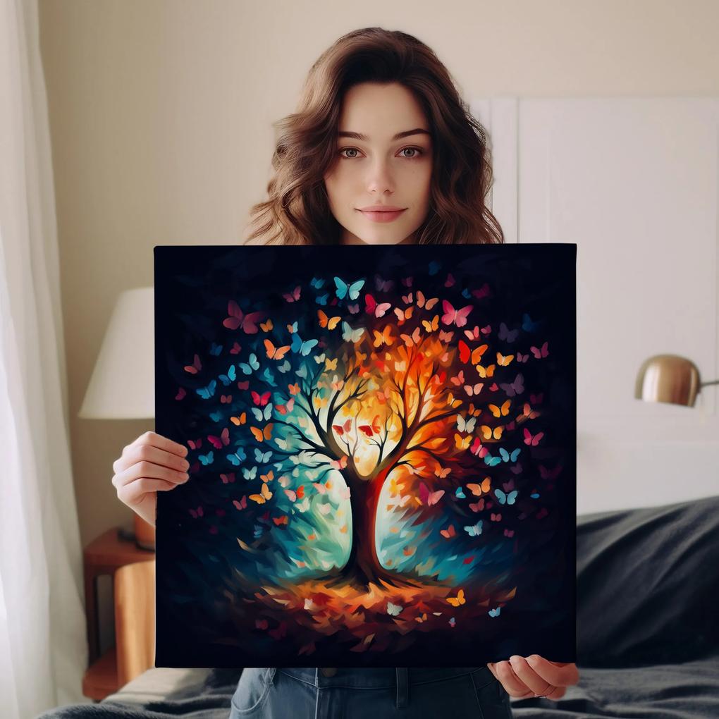 Obraz na plátně - Barevný motýlí strom života FeelHappy.cz Velikost obrazu: 100 x 100 cm
