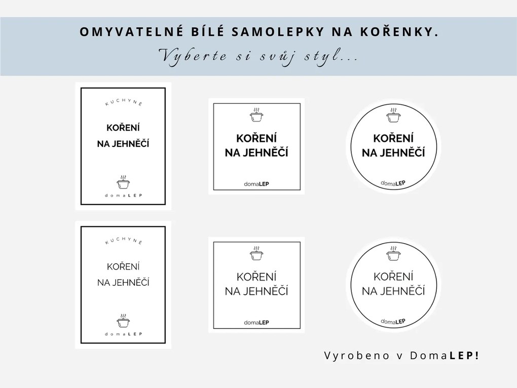 KOŘENÍ NA JEHNĚČÍ - omyvatelná samolepka na kořenky, výběr rozměrů Ø 5 cm / 5 x 5 cm / 6 x 8 cm | DomaLEP tvar: KOLEČKO, barva: BÍLÁ - ČERNÉ písmo, velikost: Ø 5 cm - základní písmo