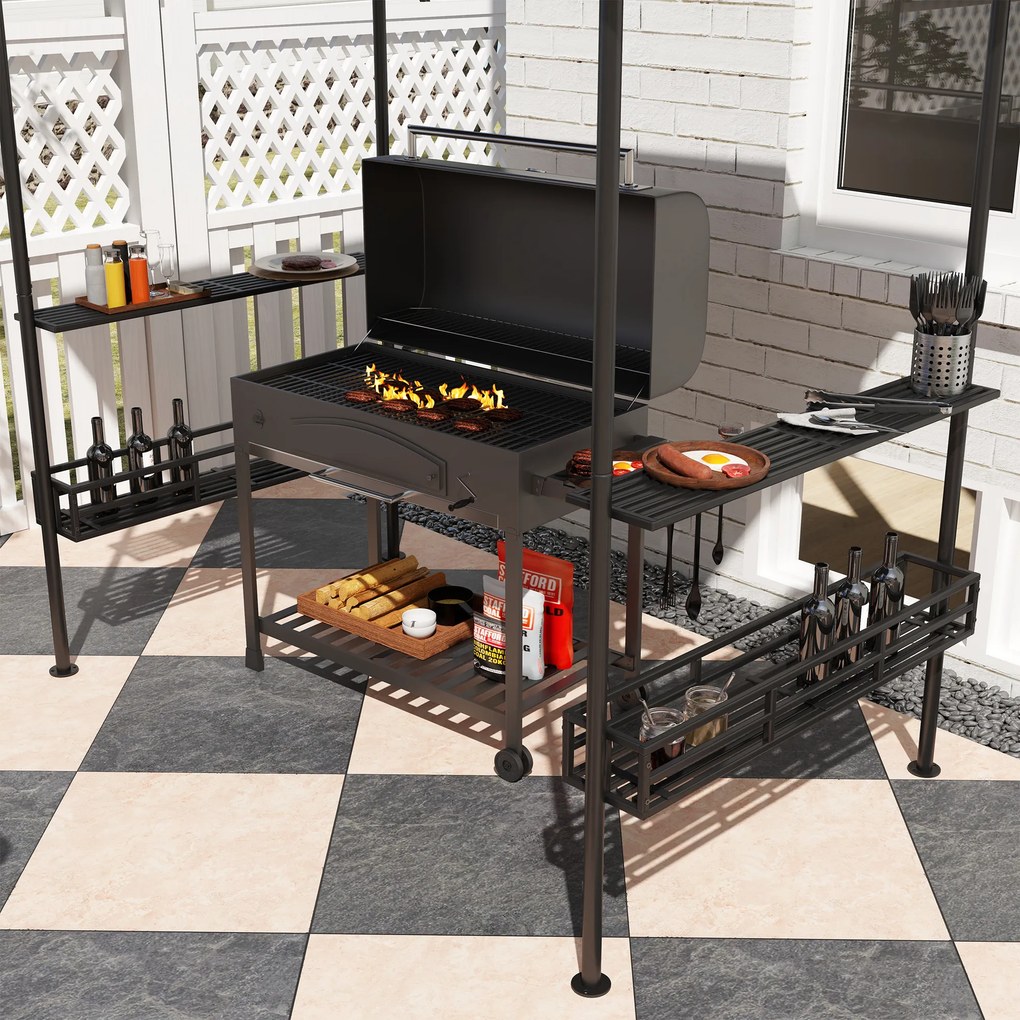 Outsunny Gril stan, BBQ stan, zahradní pavilon se 2 policemi, úložnými koši, háčky, na terasu, béžový