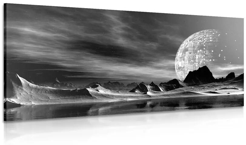 Obraz futuristická planeta v černobílém provedení - 100x50 cm