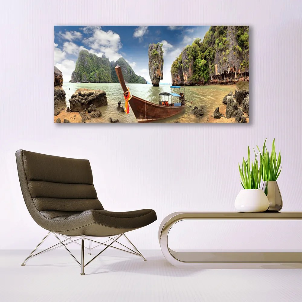 akrylový obraz Loďka Kameny Krajina 120x60 cm