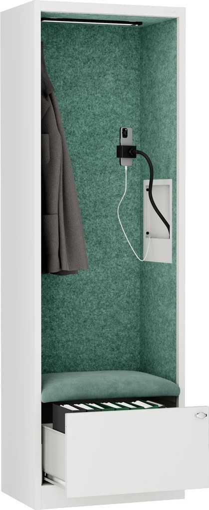 Kancelářská akustická kabina se sedátkem a USB-C portem, korpus bílý / sedák zelený, 600 mm: SALLY MentalBox