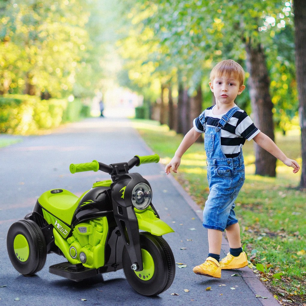 AIYAPLAY Dětská elektrická motorka 2-5 let, 3 kola, 6 V, 3 km/h, s funkcí mýdlové bubliny, světelnými a zvukovými efekty, zelená