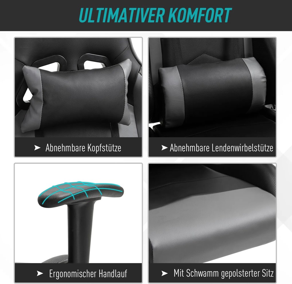 Ergonomická kancelářská židle Vinsetto herní otočná židle z umělé kůže a pěny černá 67,5x74x126-136 cm pro pohodlnou práci a hraní | Aosom.de
