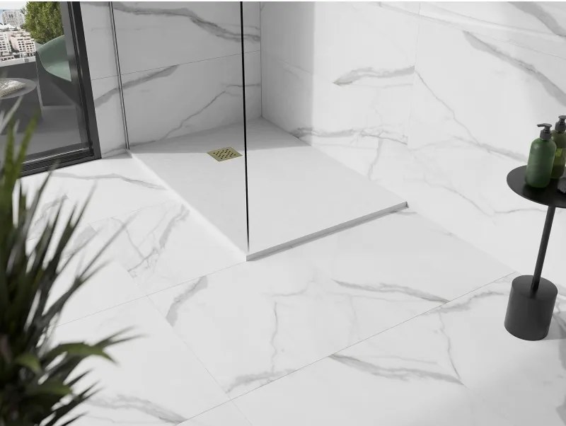 Mexen Stone+, obdélníková vanička z minerálního kompozitu 120 x 80 cm, bílá, zlatá lesklá krytka, 44108012-G