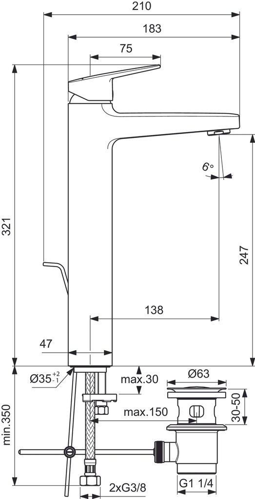 Ideal Standard Ceraplan - Umyvadlová baterie vysoká s kovovou odtokovou garniturou, chrom BD238AA